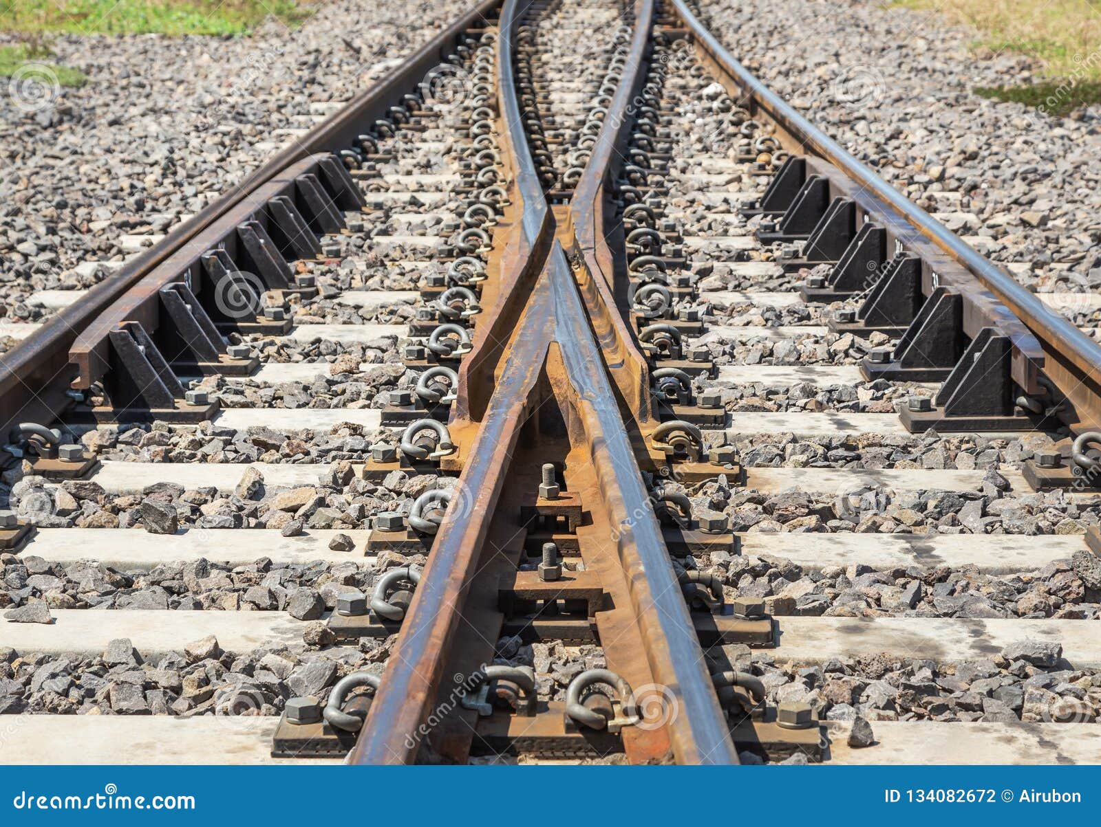 Two Rusty Old Steel Railway Track Switch,point Two Paths Come Together ...