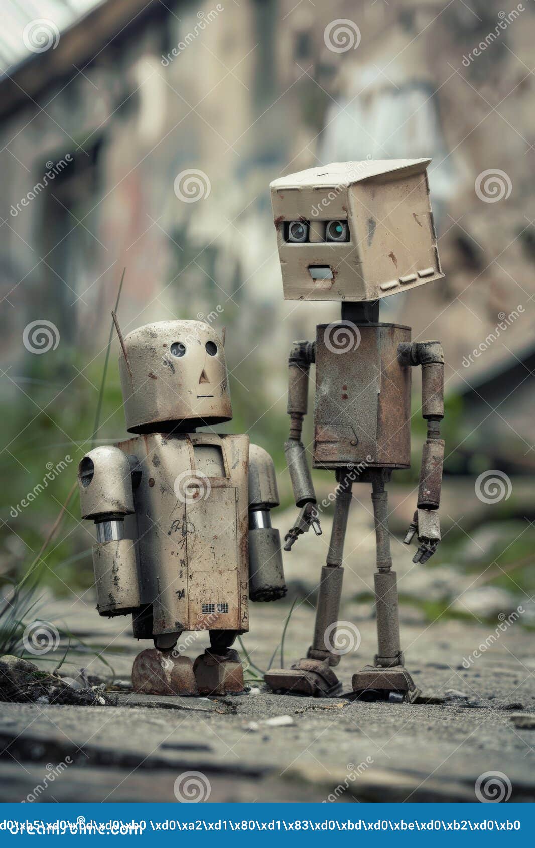 Two Rusty, Retro-styled Robots Stand on a Paved Surface in Front of an ...