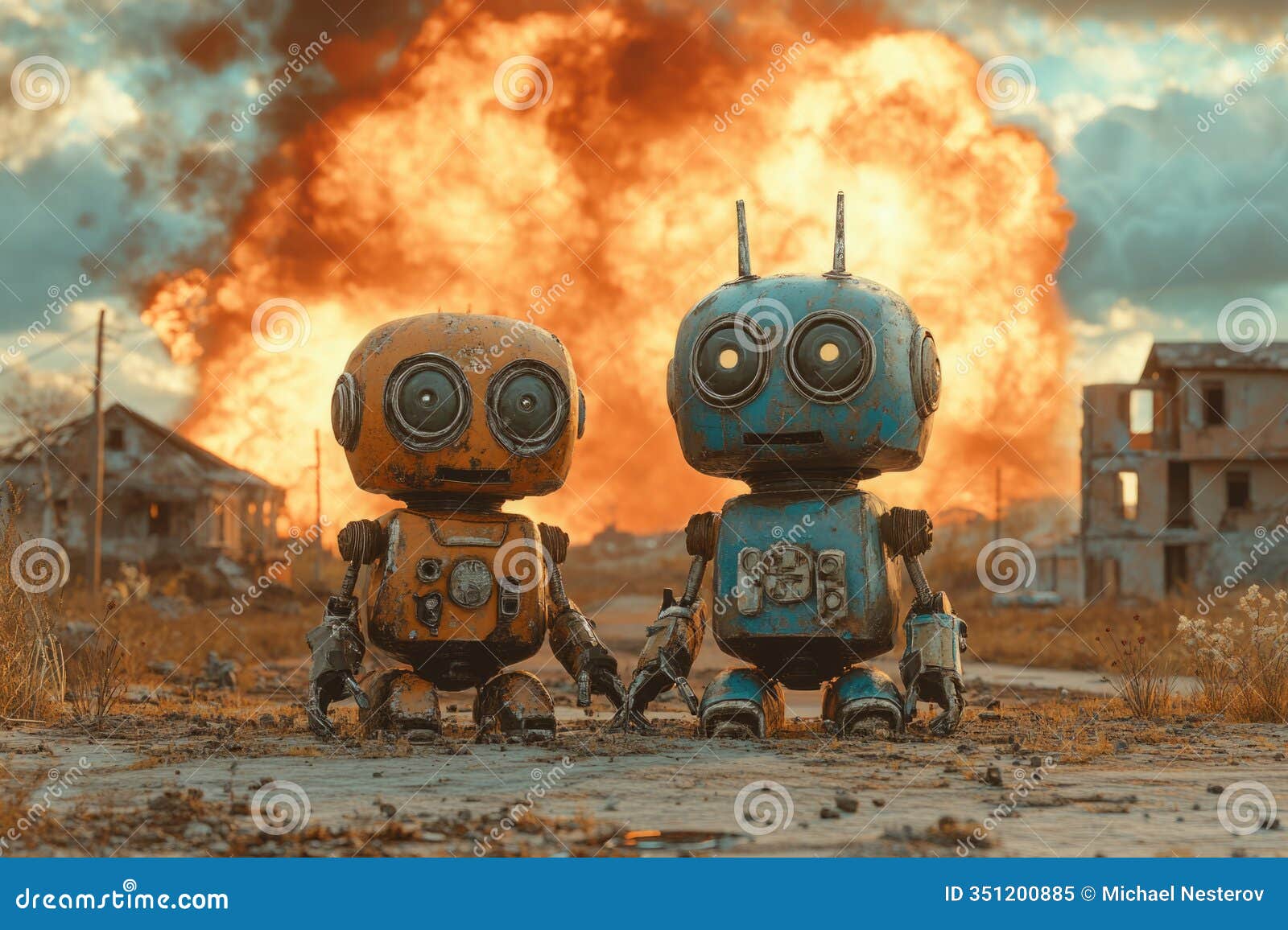 Two Rusty Robots Holding Hands in a Destroyed City with Fire and Smoke ...