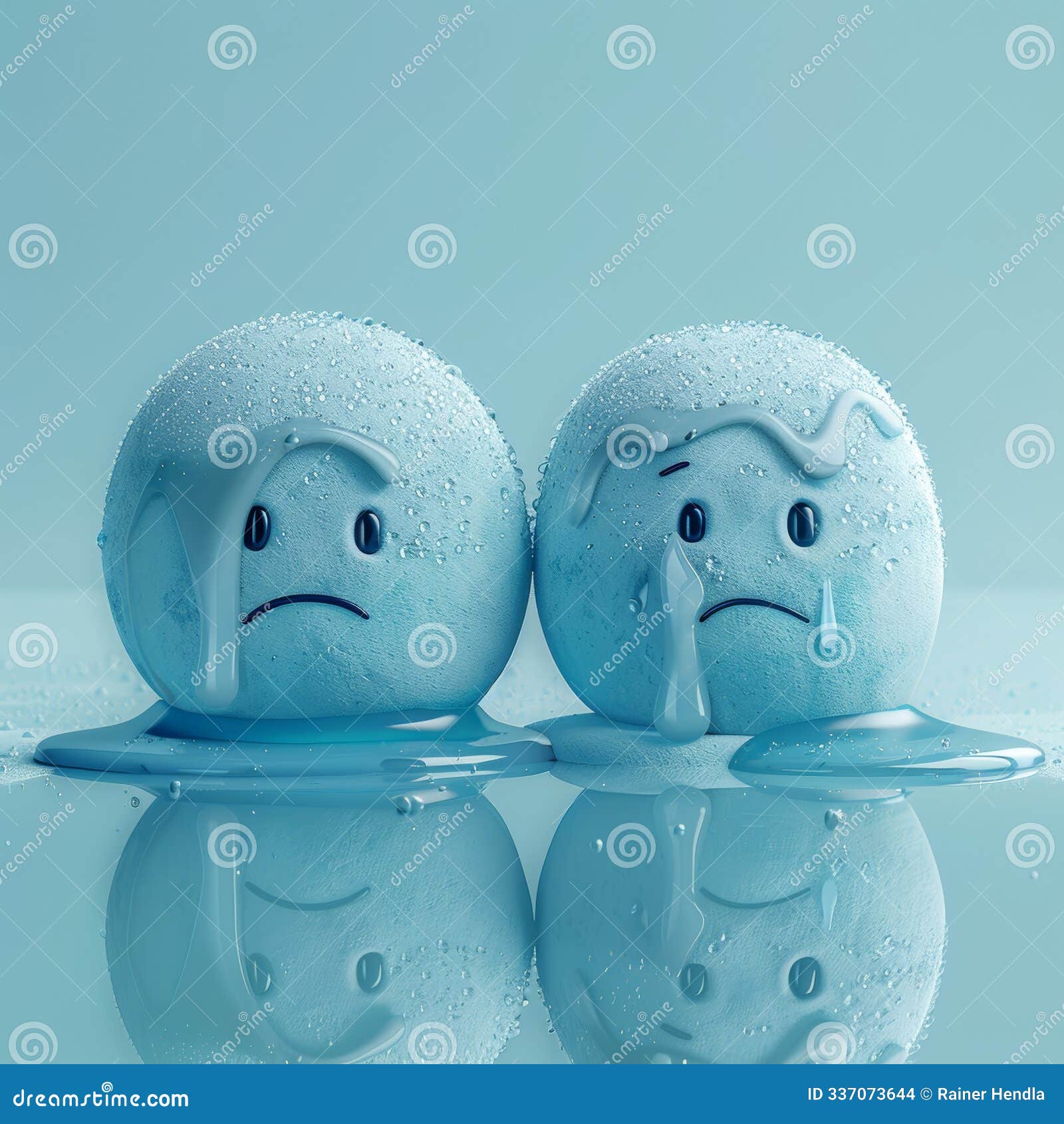 Two Sad Looking Blue Spheres with Faces are Melting on a Blue Surface ...