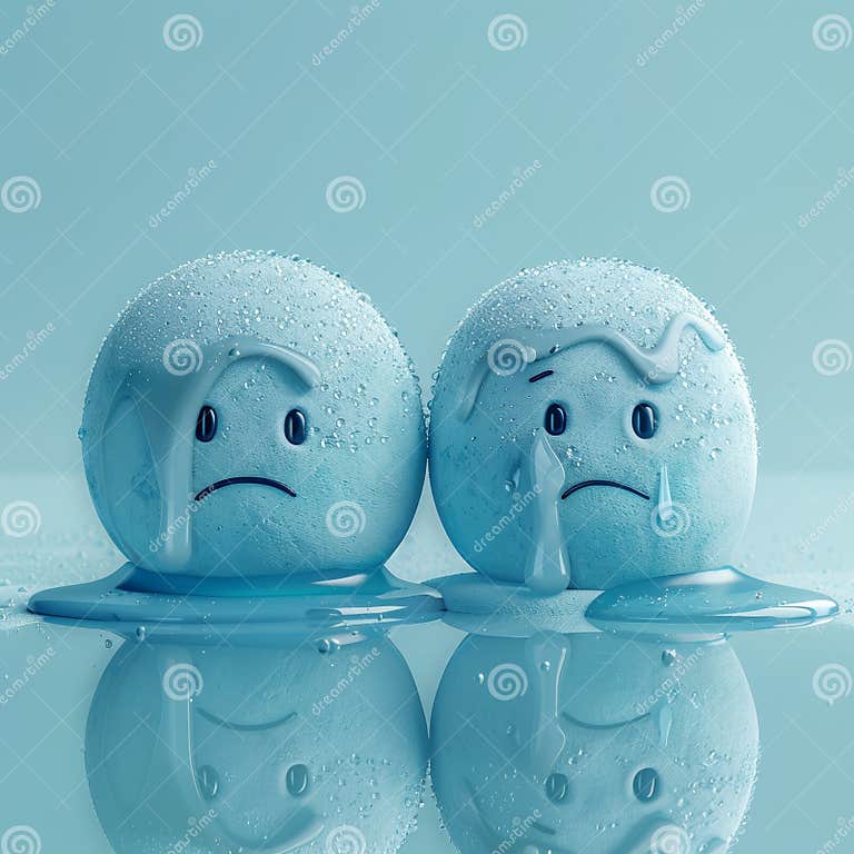 Two Sad Looking Blue Spheres with Faces are Melting on a Blue Surface ...