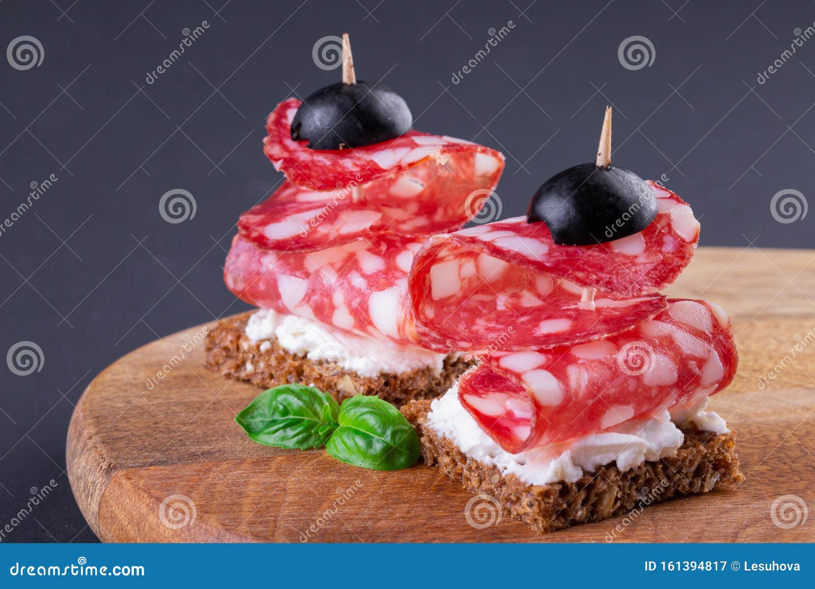 Two salami canapes stock image. Image of crispy, restaurant - 161394817