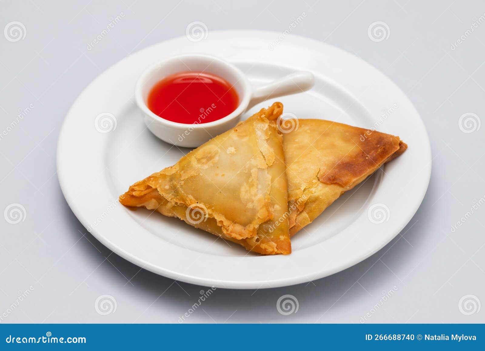 Two Samosas with Meat and Vegetables on White Plate Stock Photo - Image ...