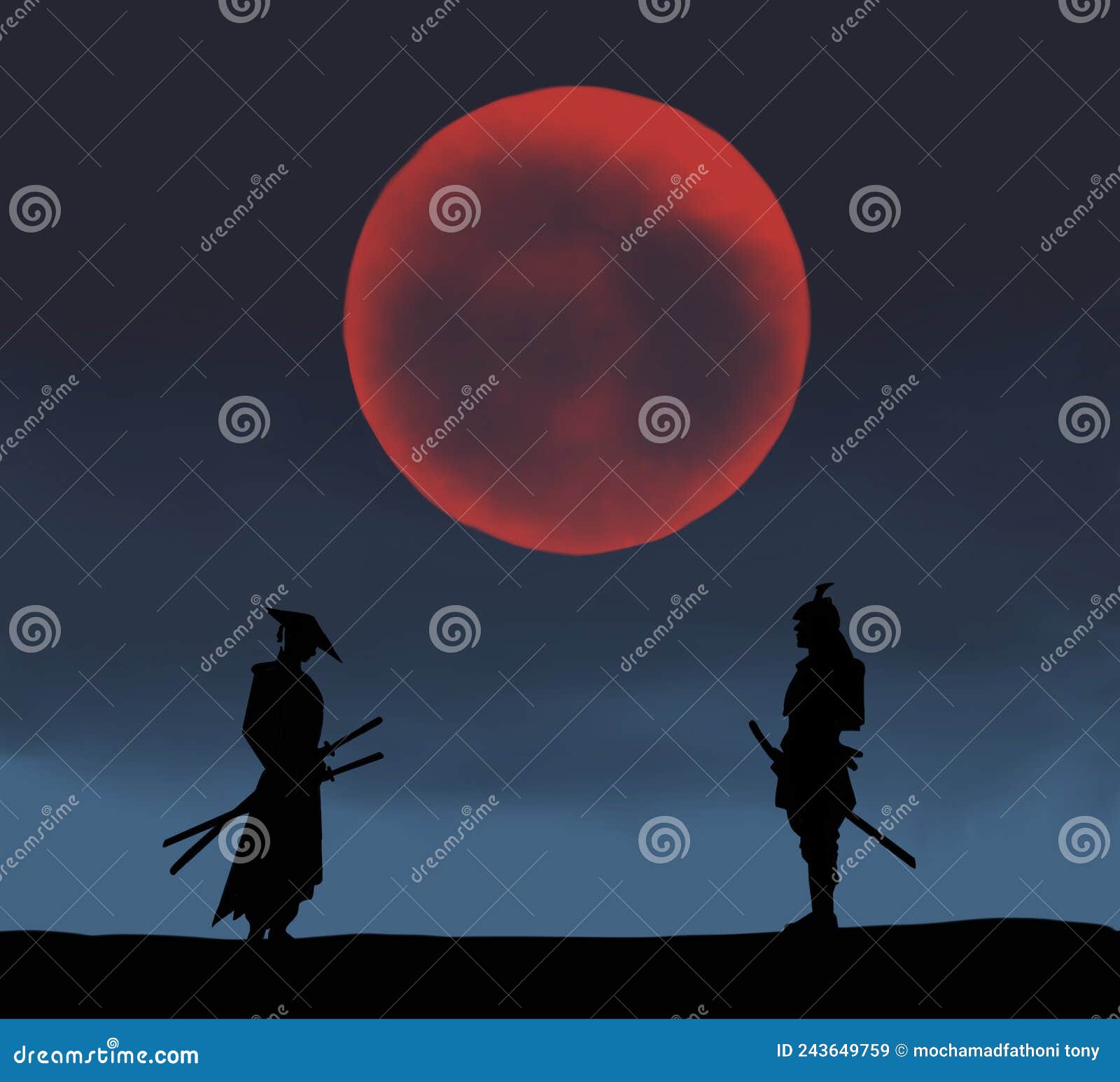 Two Samurai Ready To Fight Under the Red Moon Stock Image - Image of ...