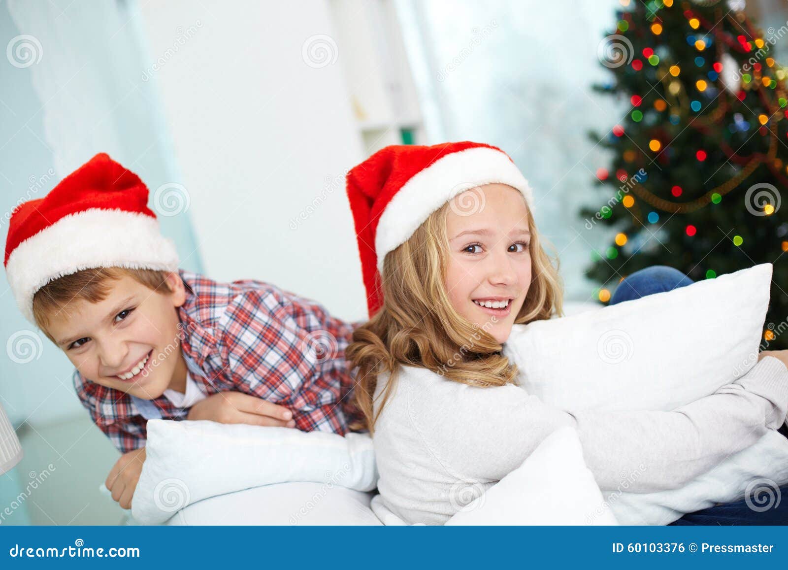 Two Santa kids stock photo. Image of smiling, girl, xmas - 60103376