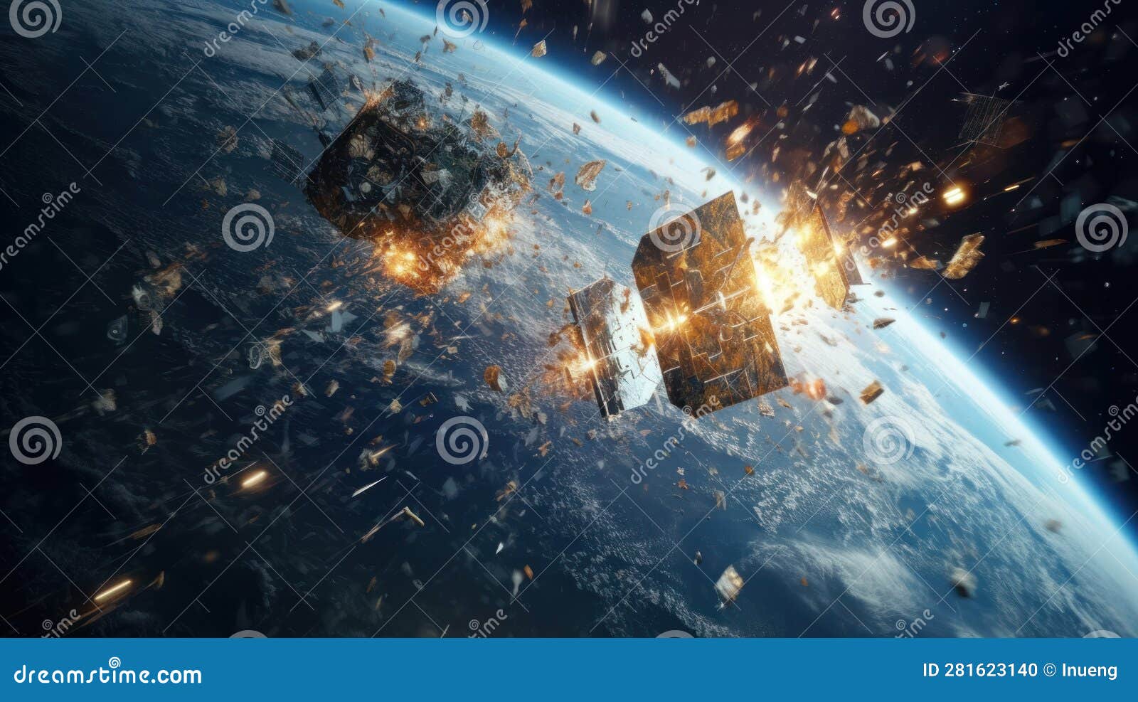 Two Satellites Clashing in Orbit and Creating Space Debris. Generative ...