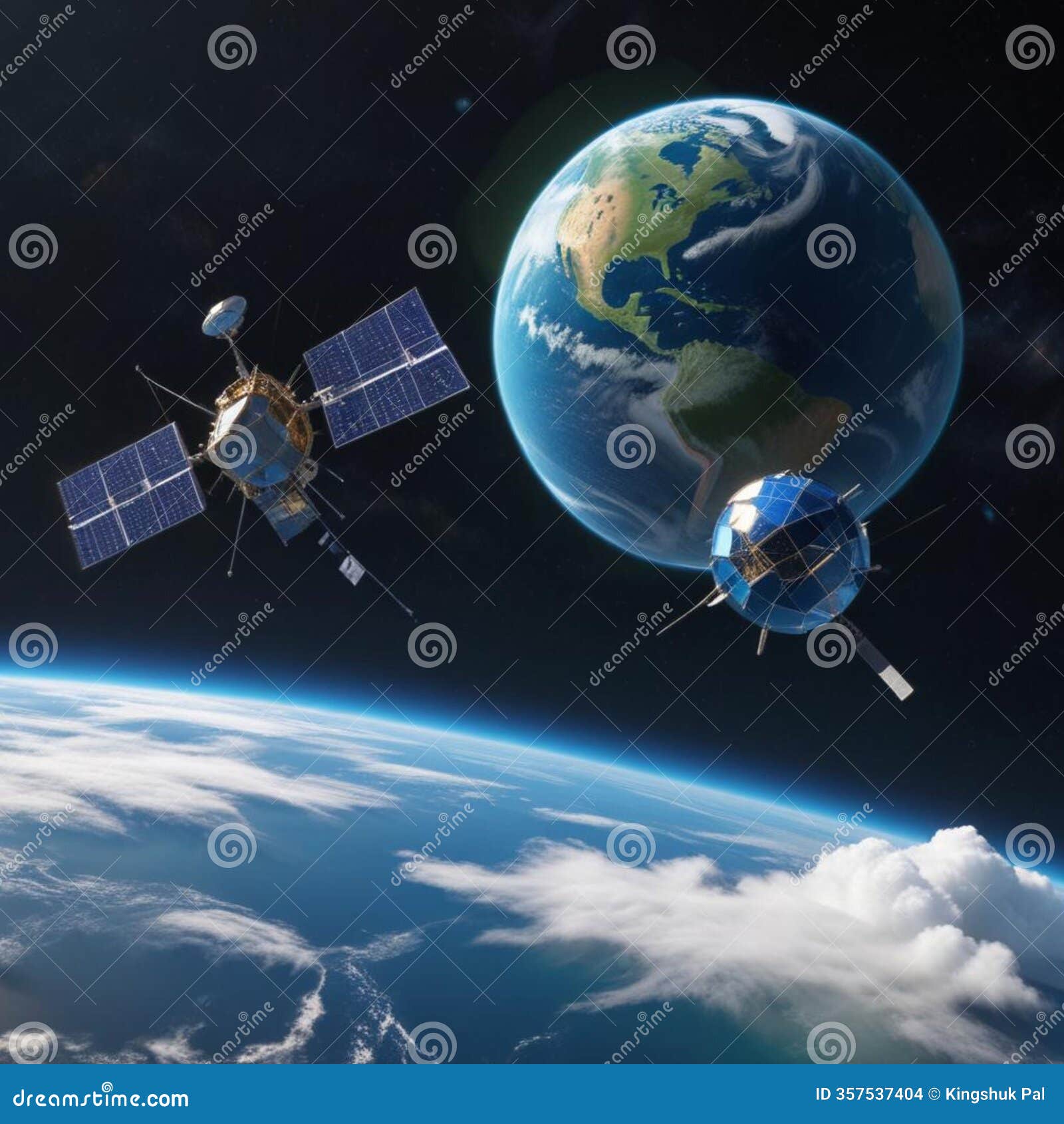 Two Satellites in Space Orbiting Earth Stock Illustration ...