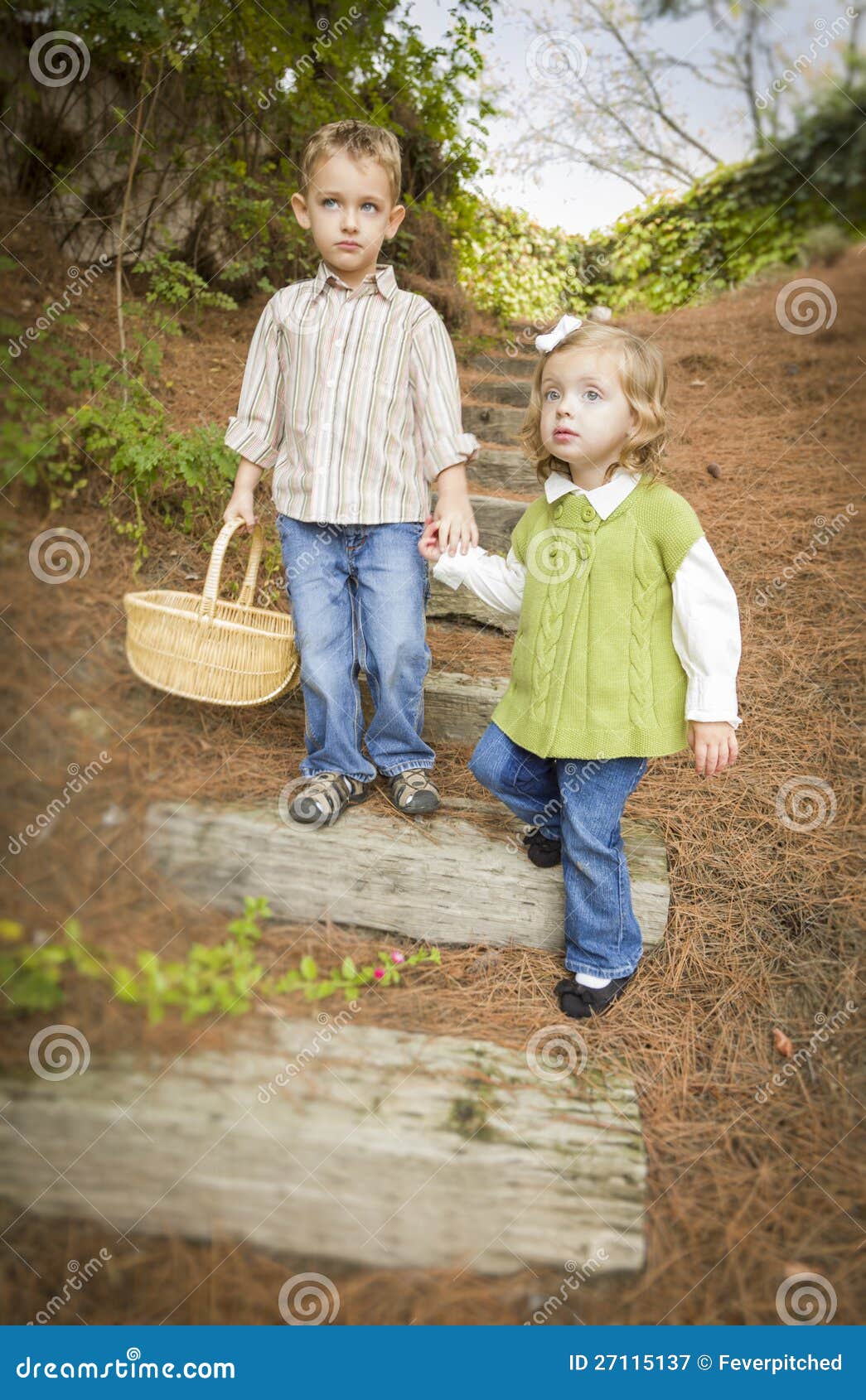 Two Scared Children Walking Down Wood Steps with Basket Outside. Stock ...