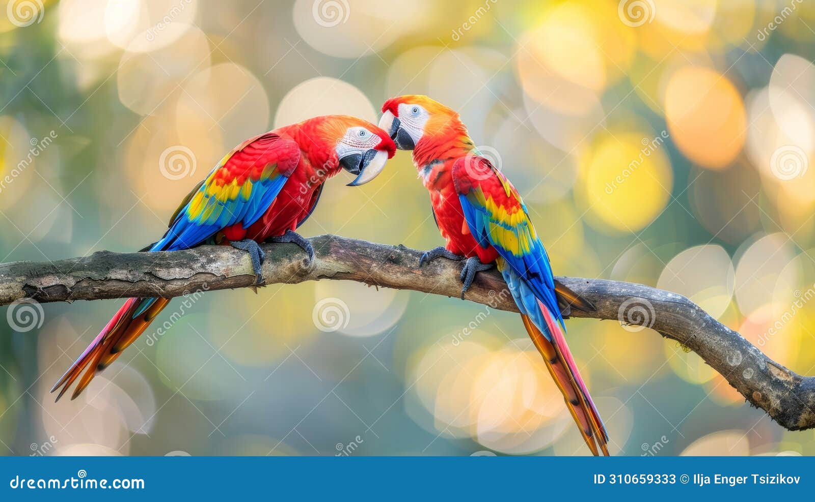 Two Scarlet Macaws Facing Each Other on Branch, Blurred Background with ...