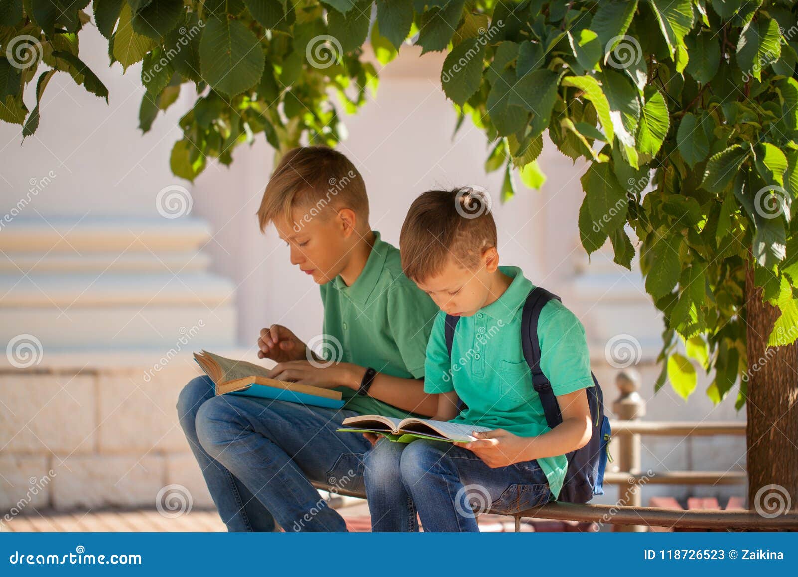 Two School Children Sit Under a Tree and Read Books on a Sunny Summer ...
