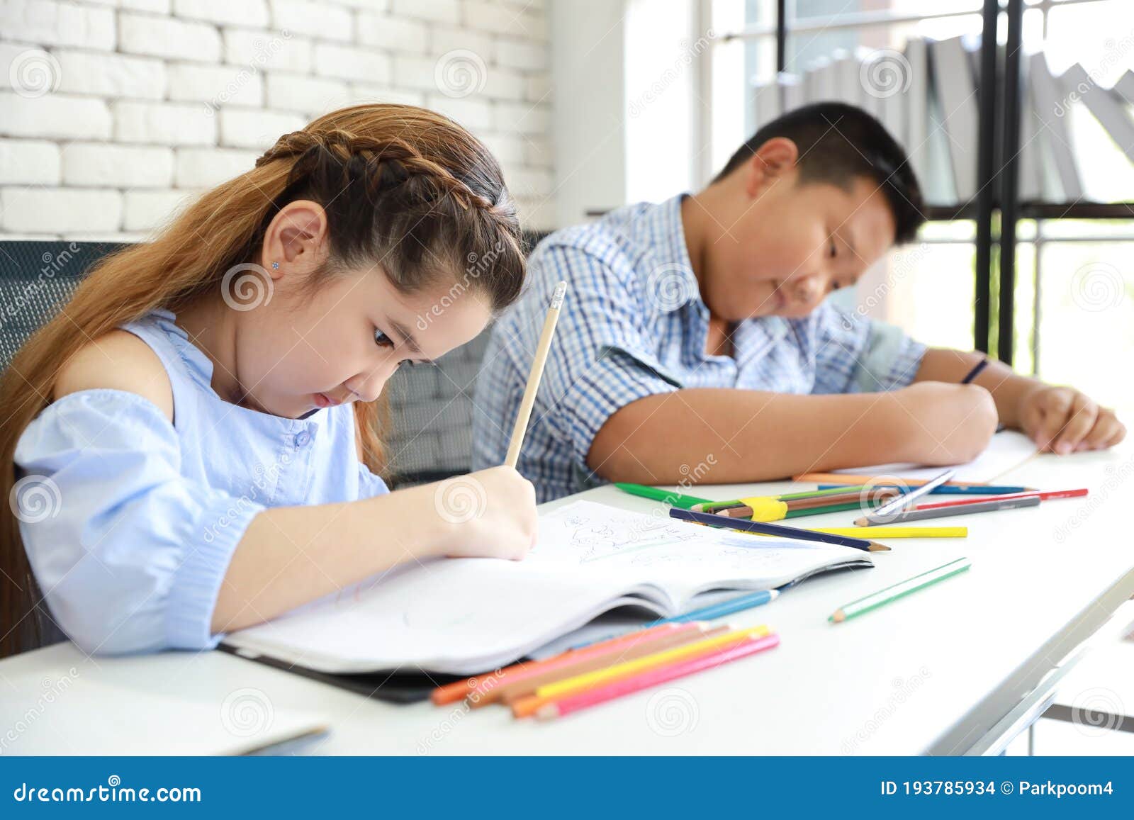Two School Kids Drawing in Class Education Concept Stock Photo - Image ...