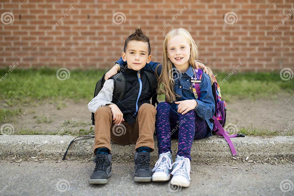 A Two School Student Child on the School Playground Stock Photo - Image ...