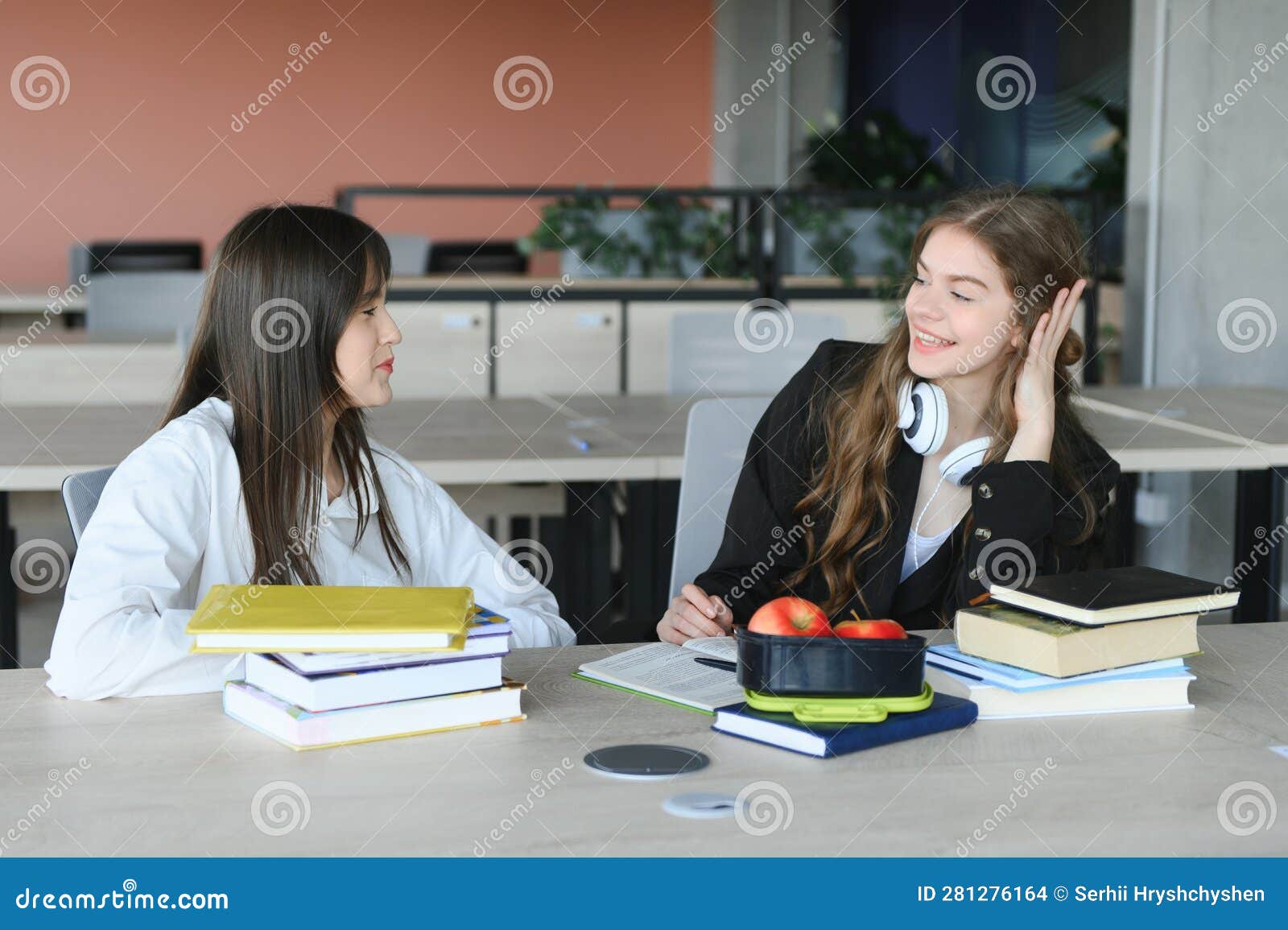 Two Schoolgirl Friends Study Together. they Sit at Their Desks and ...