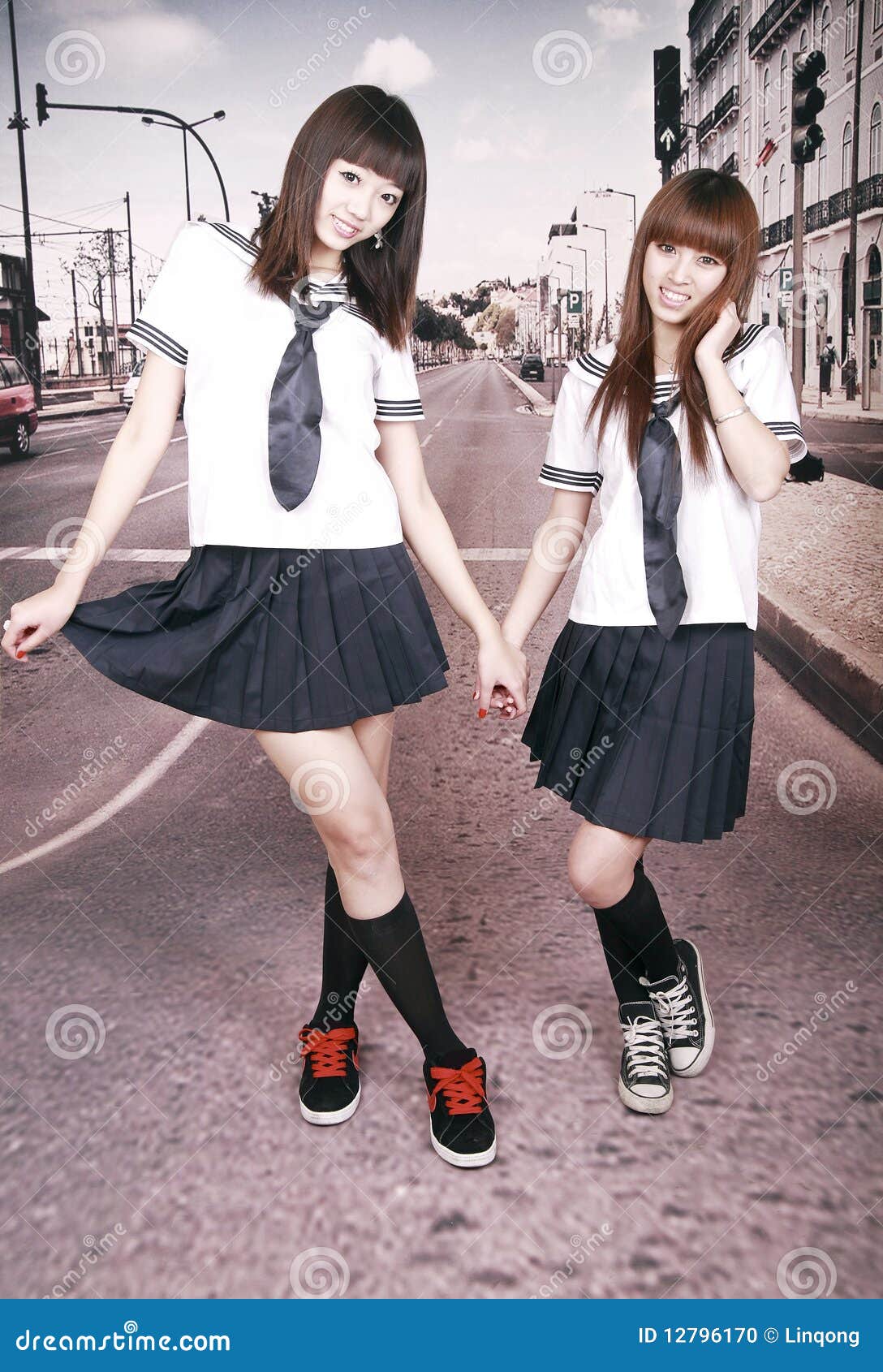 Two schoolgirls outdoors. stock photo. Image of happy - 12796170