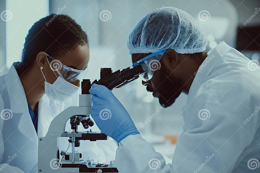 Scientists Conducting Research with Microscope in Laboratory Stock ...