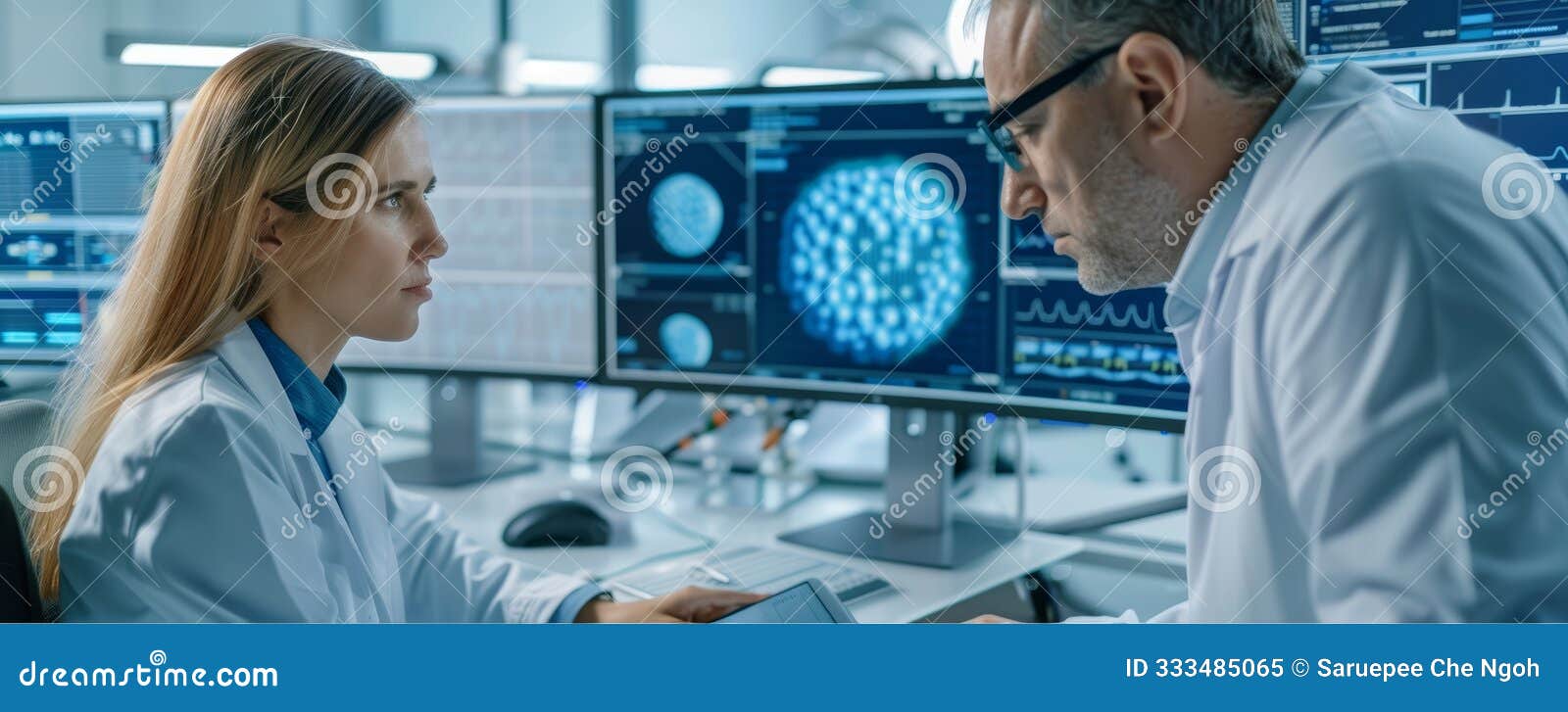 Scientists Analyzing Data on Multiple Computer Screens in a Modern ...