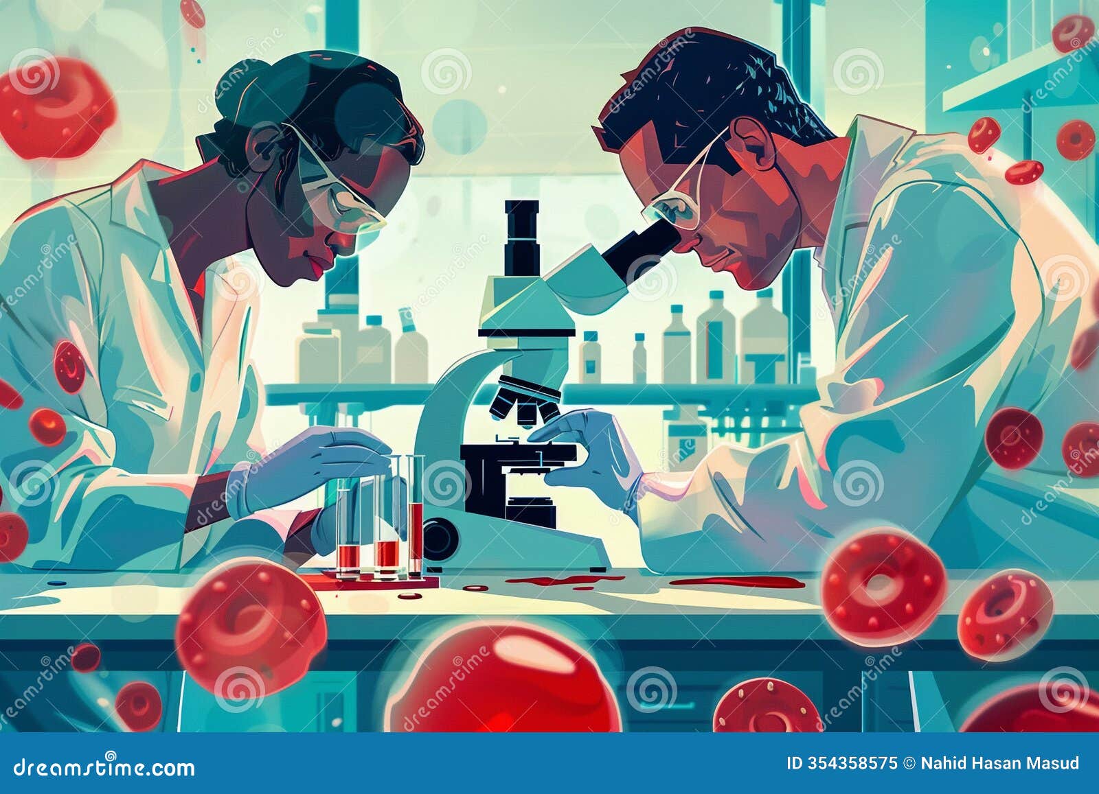 Two Scientists in Lab Coats Examine Blood Samples Using a Microscope ...