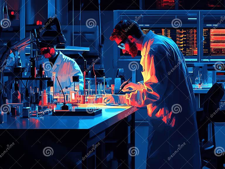Two Scientists in a Laboratory, Illuminated by Blue and Orange Lights ...
