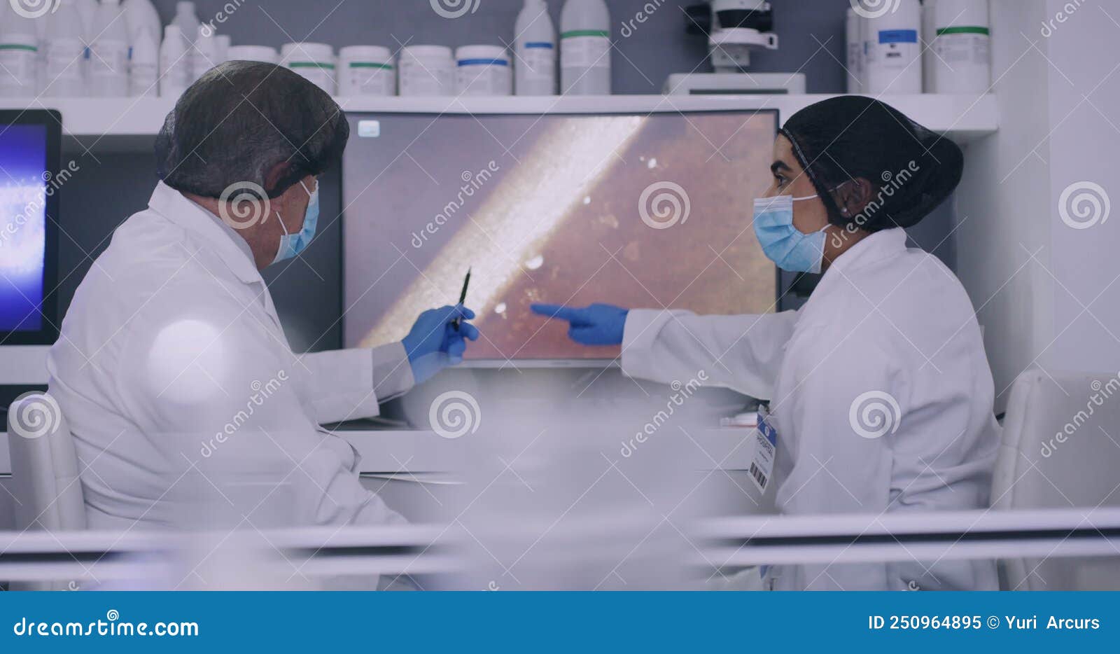 Two Scientists Looking at Cells on a Computer Screen in a Modern ...