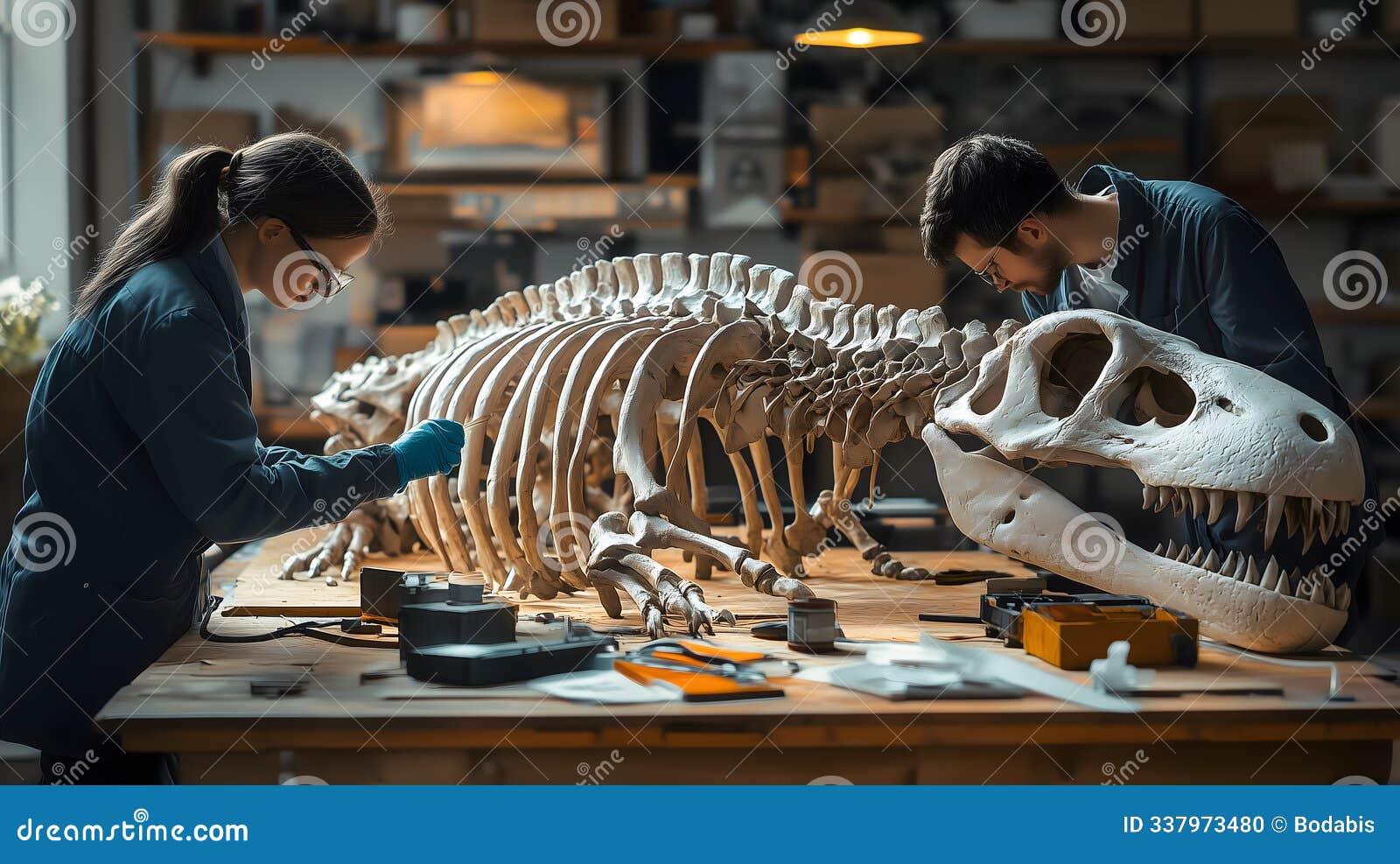 Scientists Restoring Dinosaur Skeleton in Laboratory for Research Stock ...