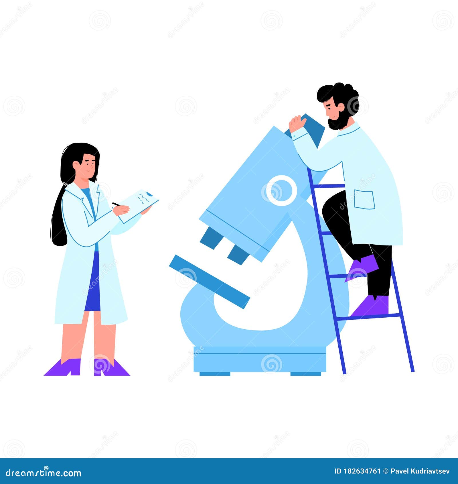 Two Scientists in Science Laboratory Looking at Microscope, Taking ...