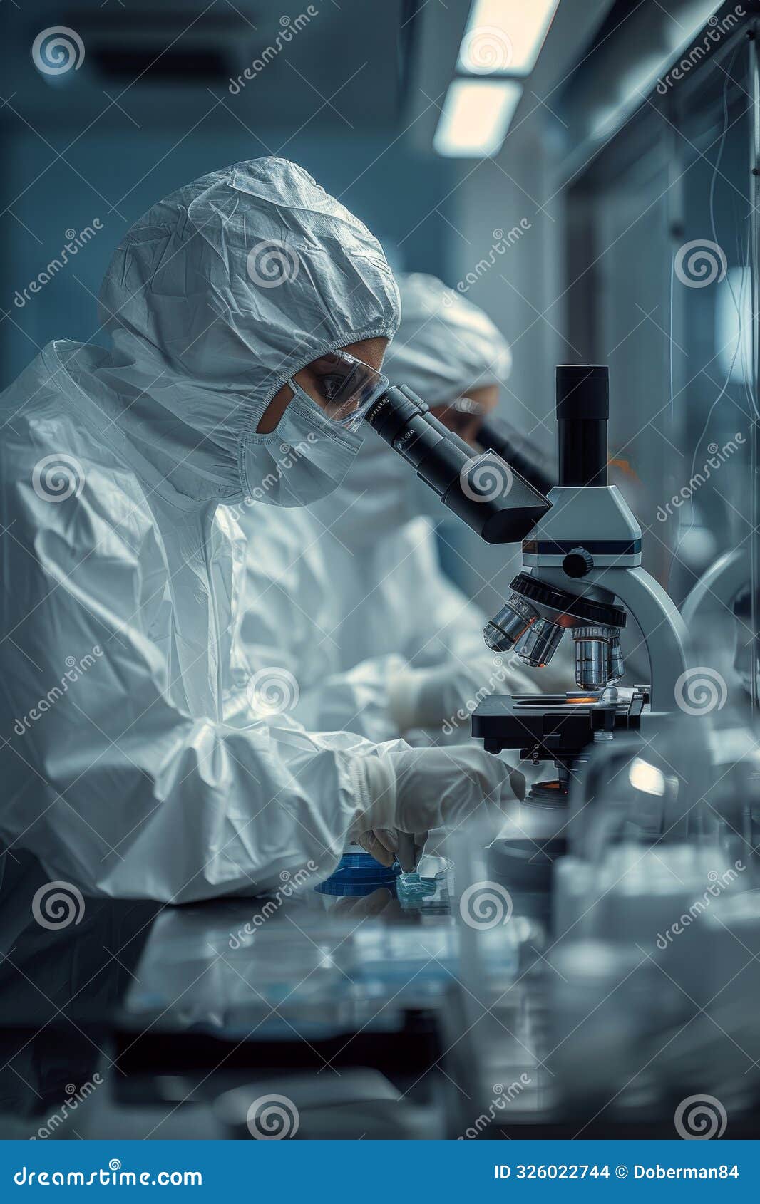 Two Scientists in Protective Suits Conducting Research Under a ...