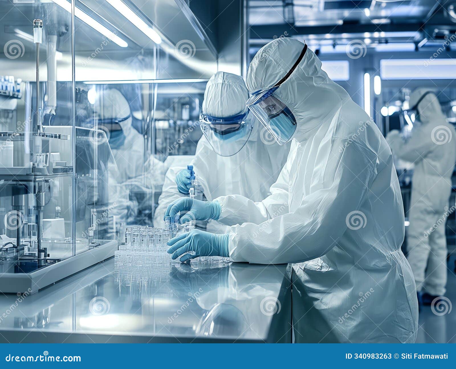 Two Scientists in White Lab Coats and Protective Gear Working in a ...