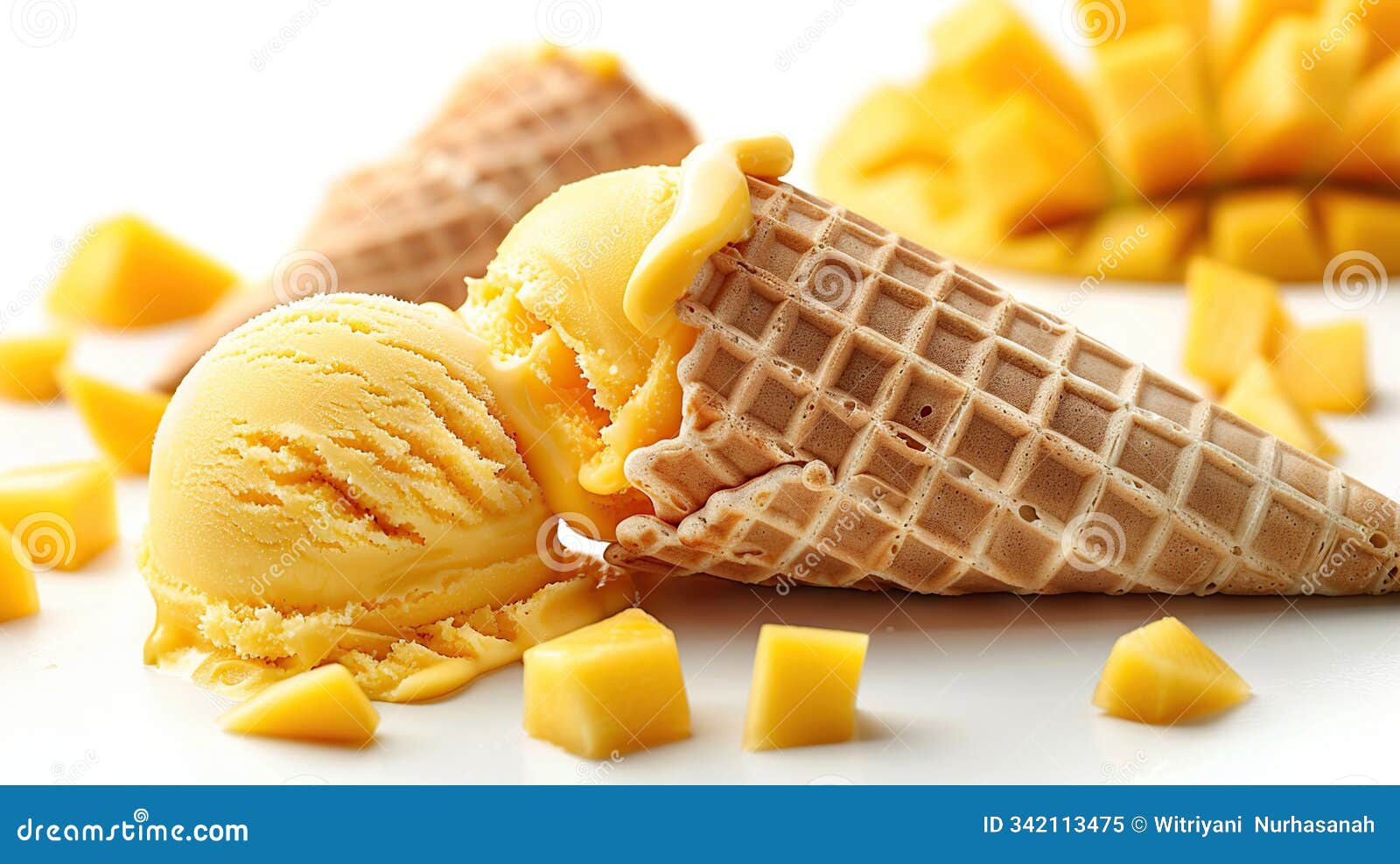 Two Scoops of Mango Ice Cream in a Waffle Cone with Fresh Mango Slices ...