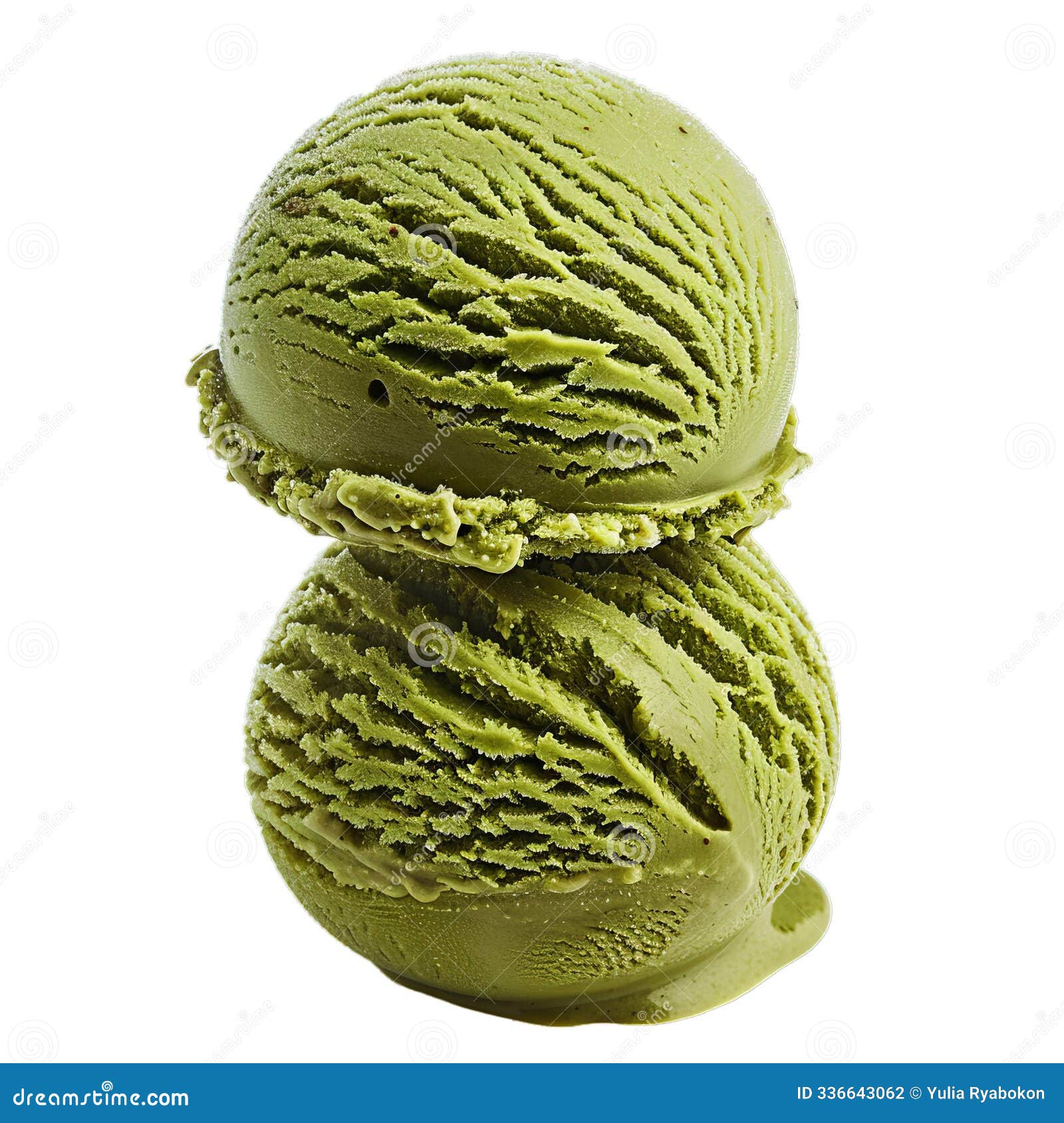 Two Scoops of Matcha Green Tea Ice Cream Melting on White Background ...