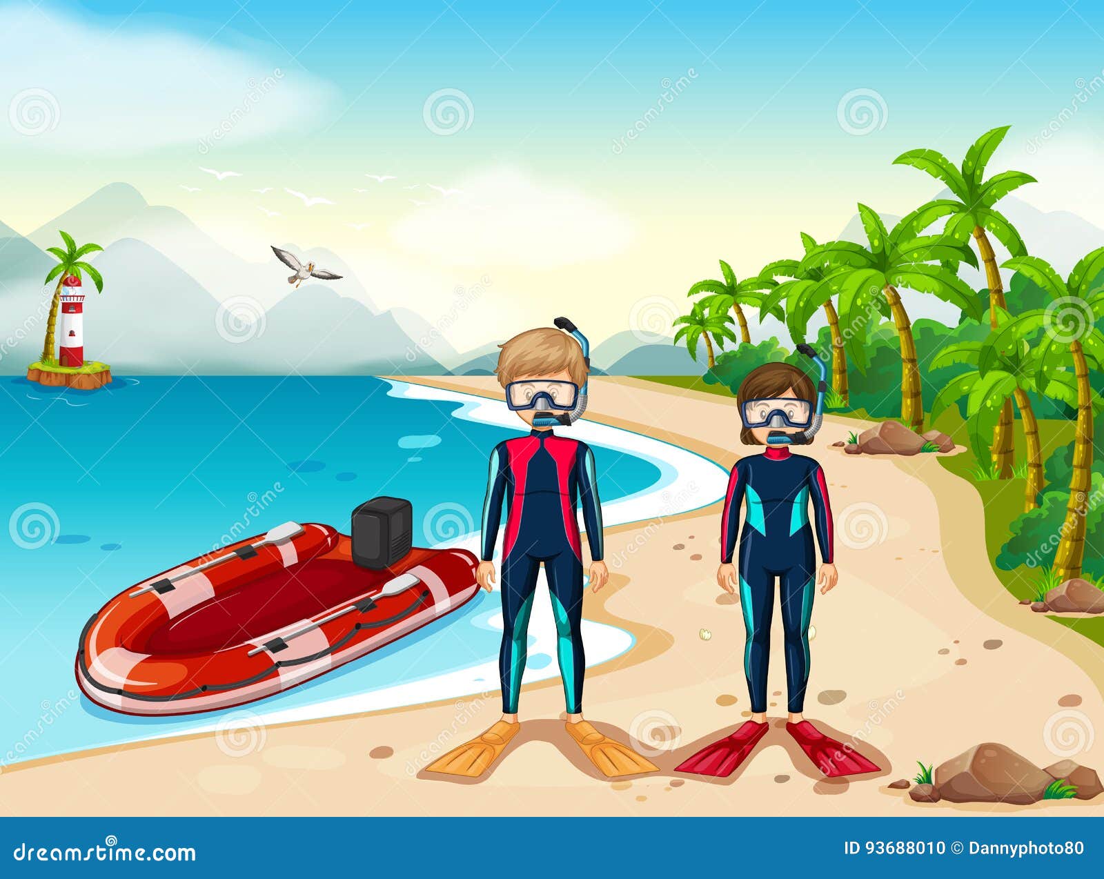 Two Scuba Divers and Boat in the Sea Stock Vector - Illustration of ...