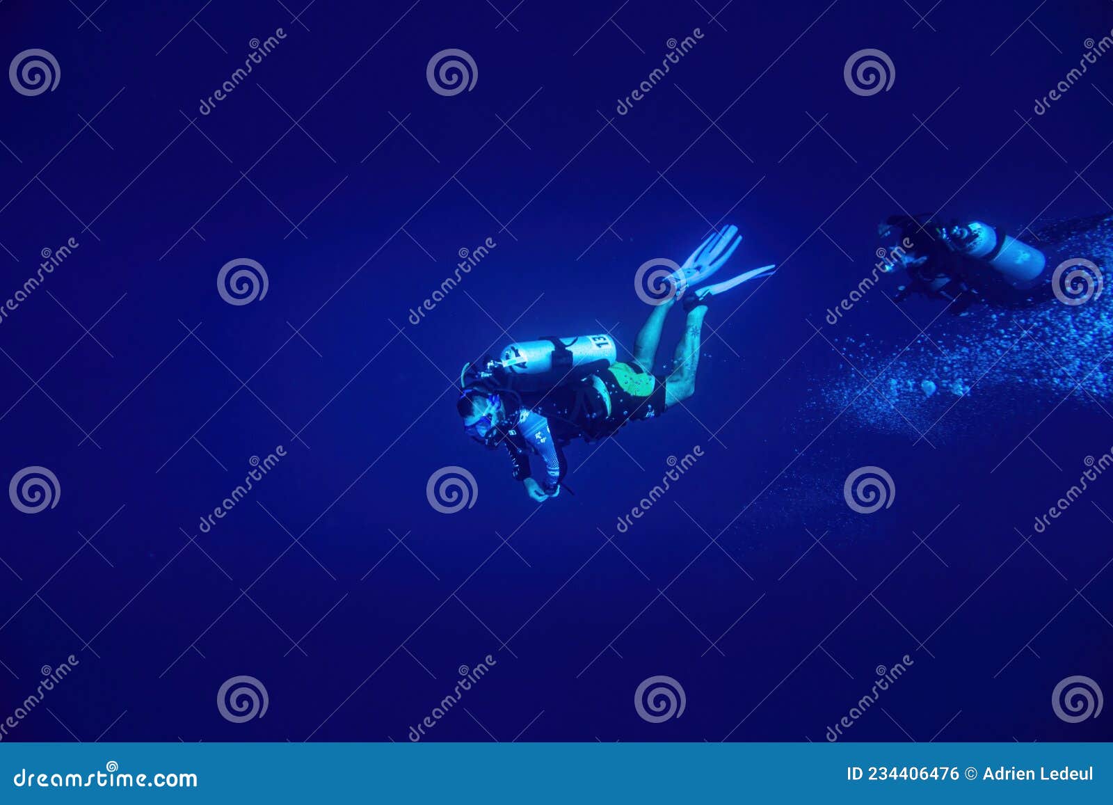 Two Scuba Divers Swimming in Deep Blue Editorial Photo - Image of ...