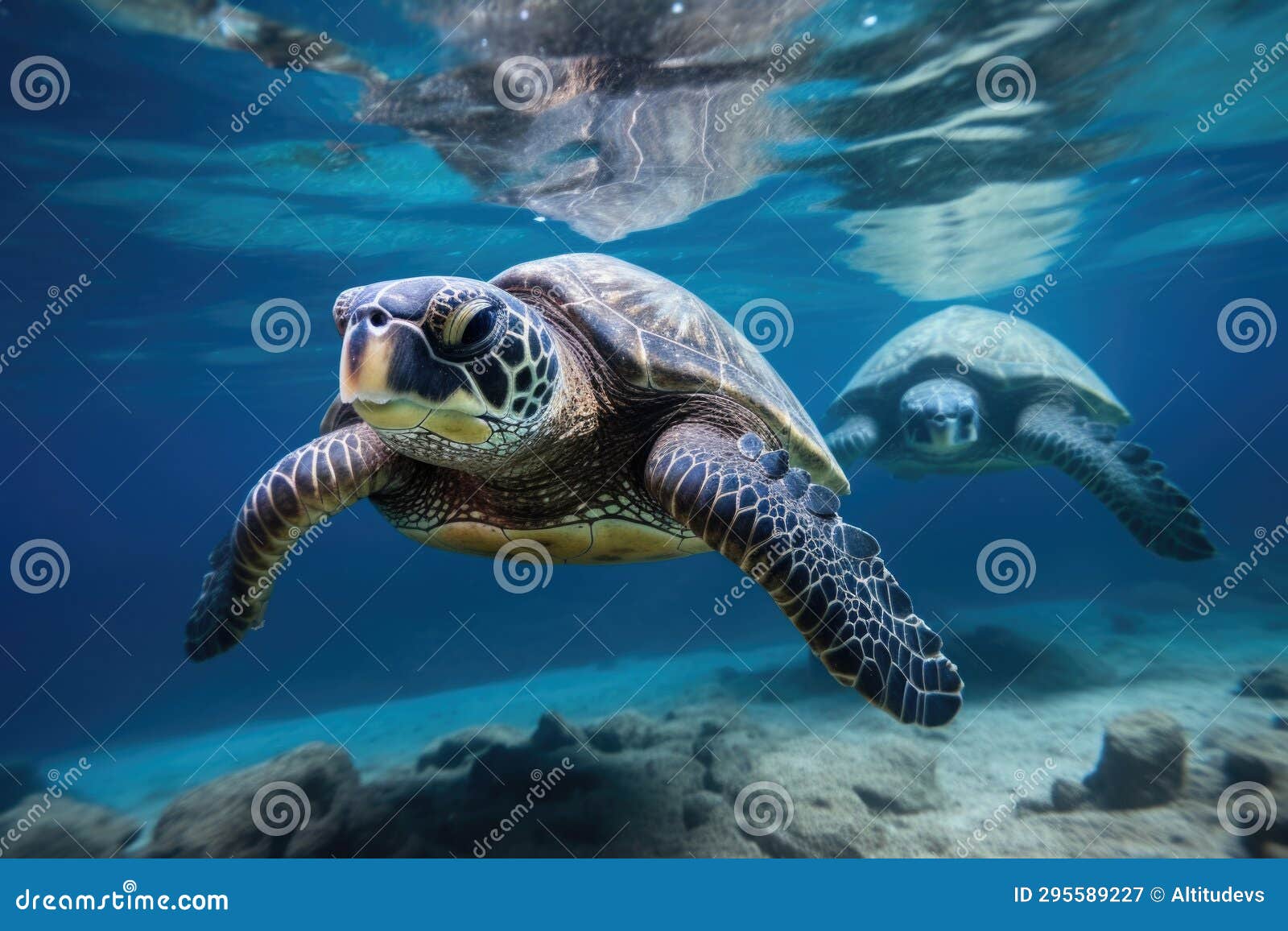 Two Sea Turtles Swimming Together Stock Image - Image of underwater ...