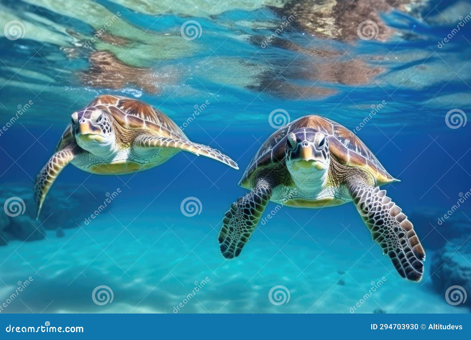 Two Sea Turtles Swimming Together Stock Photo - Image of underwater ...