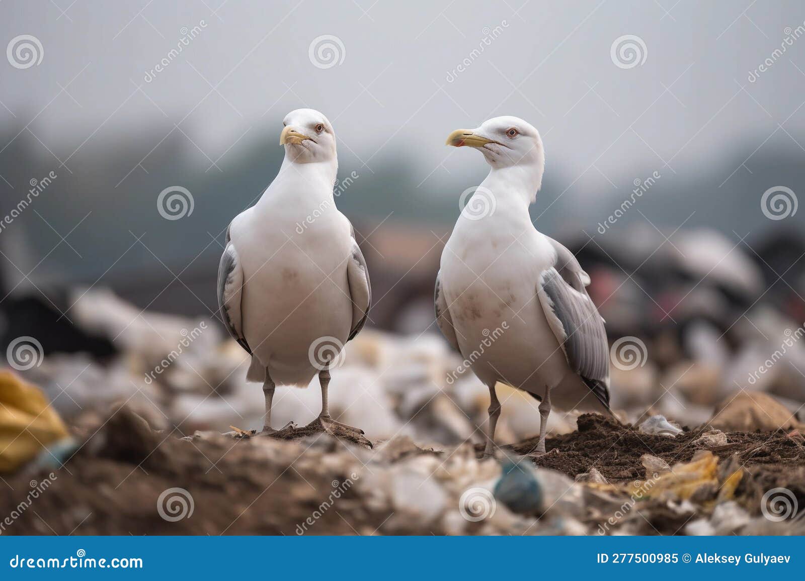 Two Seagulls are Standing on a Pile of Garbage and One Has a Yellow ...