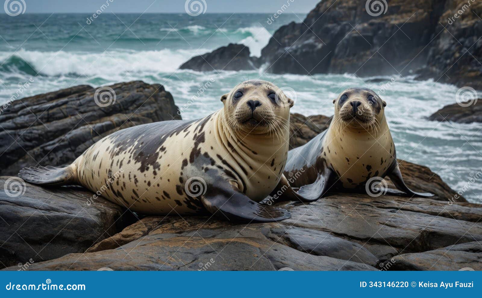 Two Seals Resting on Rocky Shore with Ocean Waves in the Background Stock Illustration ...