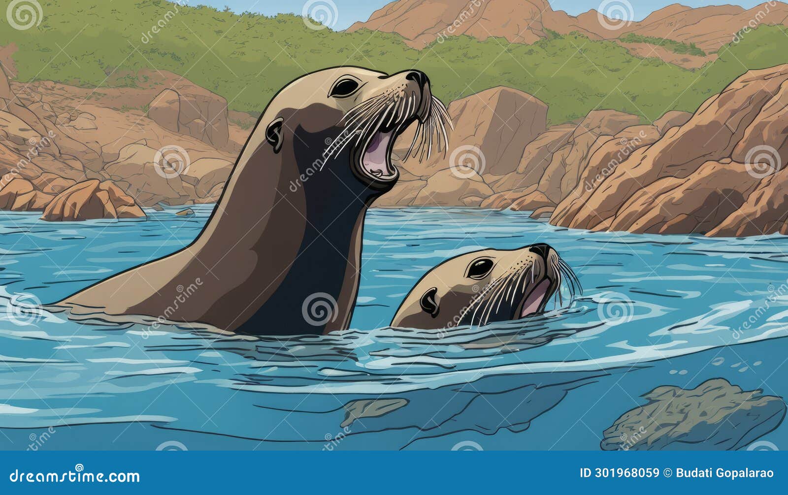 Two Seals Swimming in the Water Stock Illustration - Illustration of ...