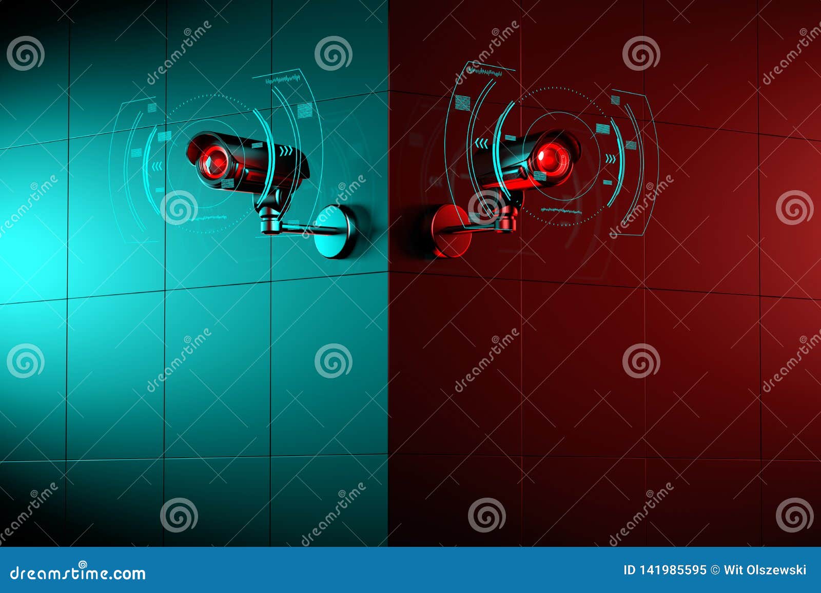 Two Security CCTV Cameras with Futuristic Interface Surrounding it, As ...