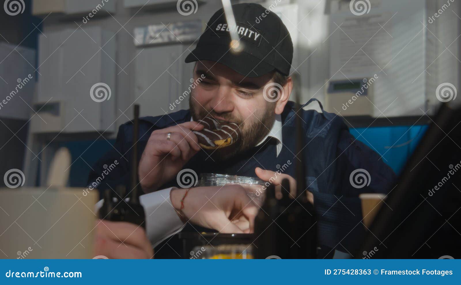 Two Security Officers Have A Lunch Break Stock Image Image Of Donut Walkie 275428363