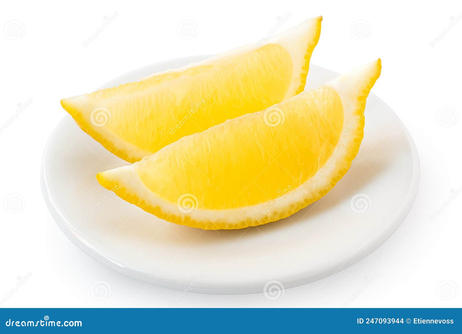 Two Segments of Fresh Lemon on White Plate Stock Photo - Image of ...