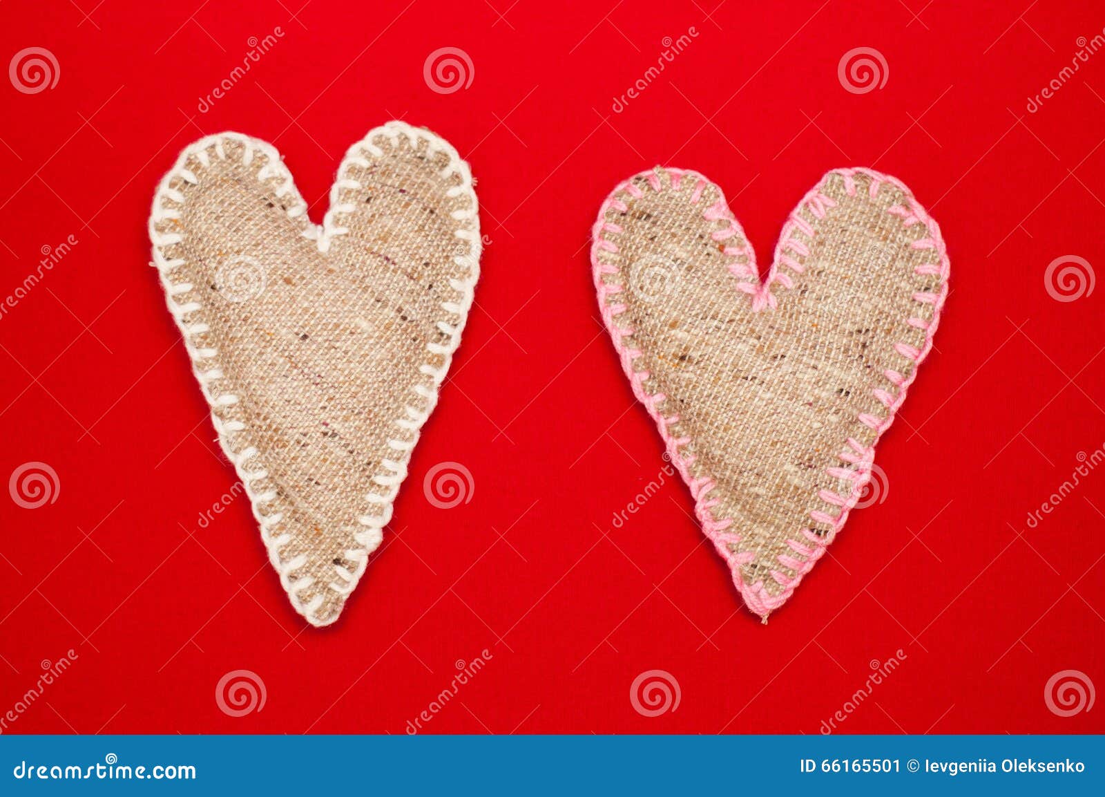 Two Self Made Linen Hearts on Red Background Stock Image - Image of ...
