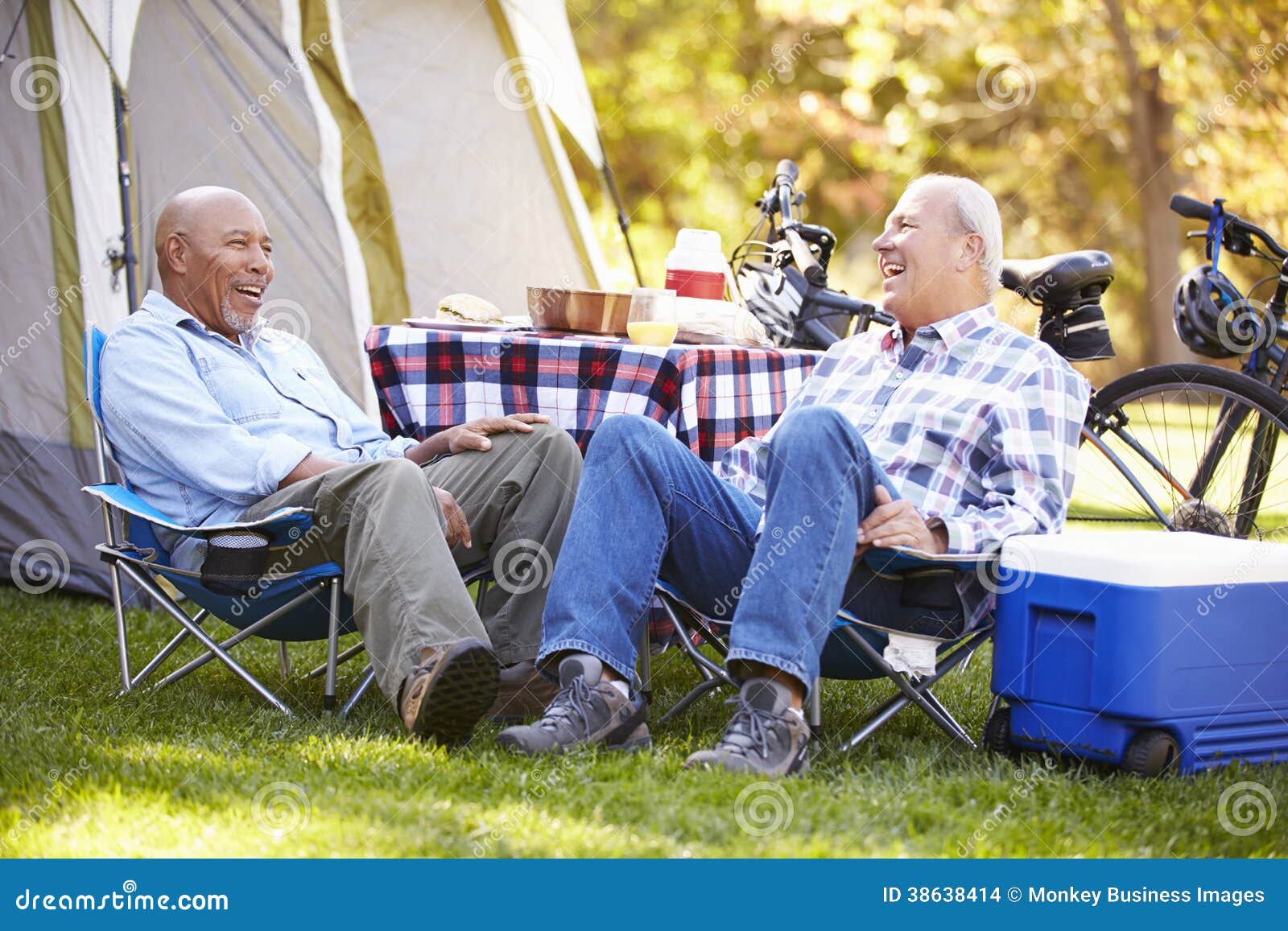 Two Senior Men Relaxing on Camping Holiday Stock Photo - Image of food ...