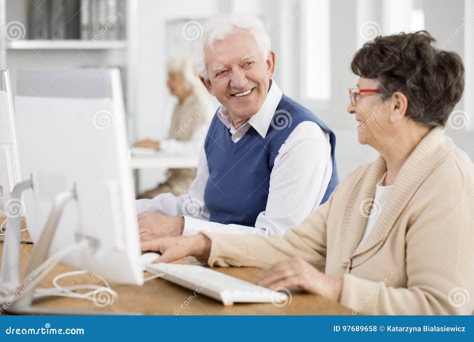 Seniors Talking and Smiling Stock Photo - Image of computer, school ...