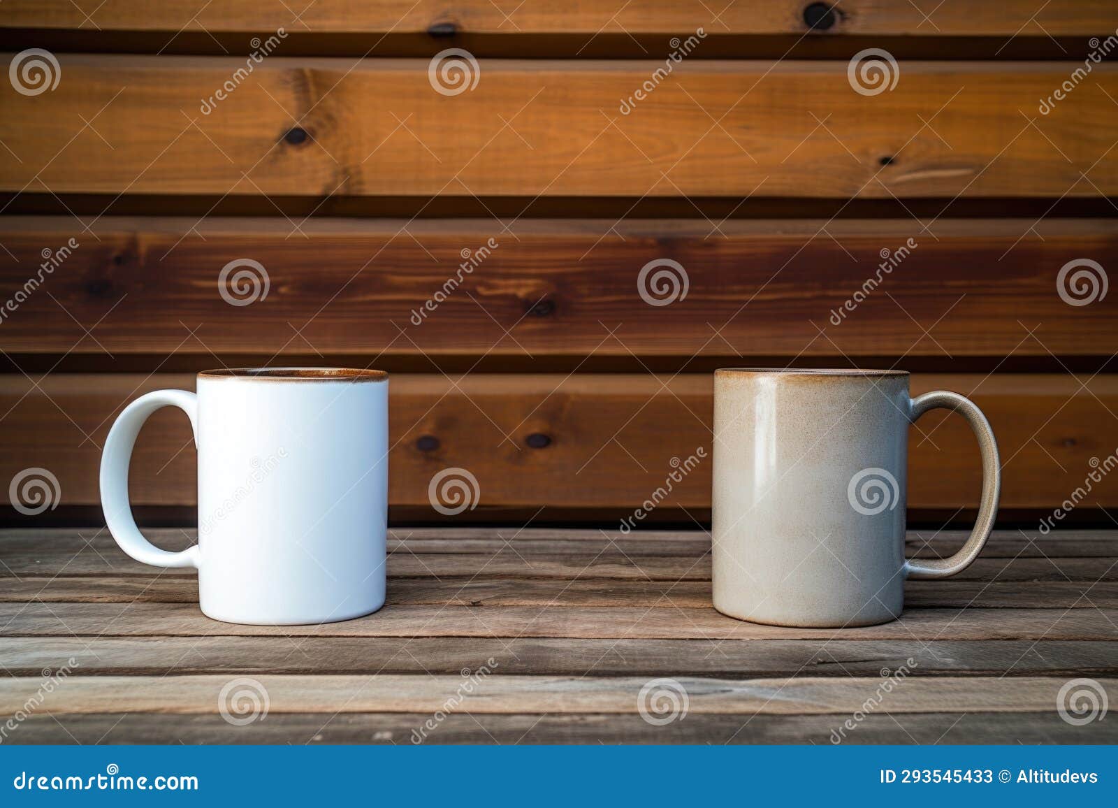 Two Separate Coffee Mugs on a Split Wooden Table Stock Image - Image of ...