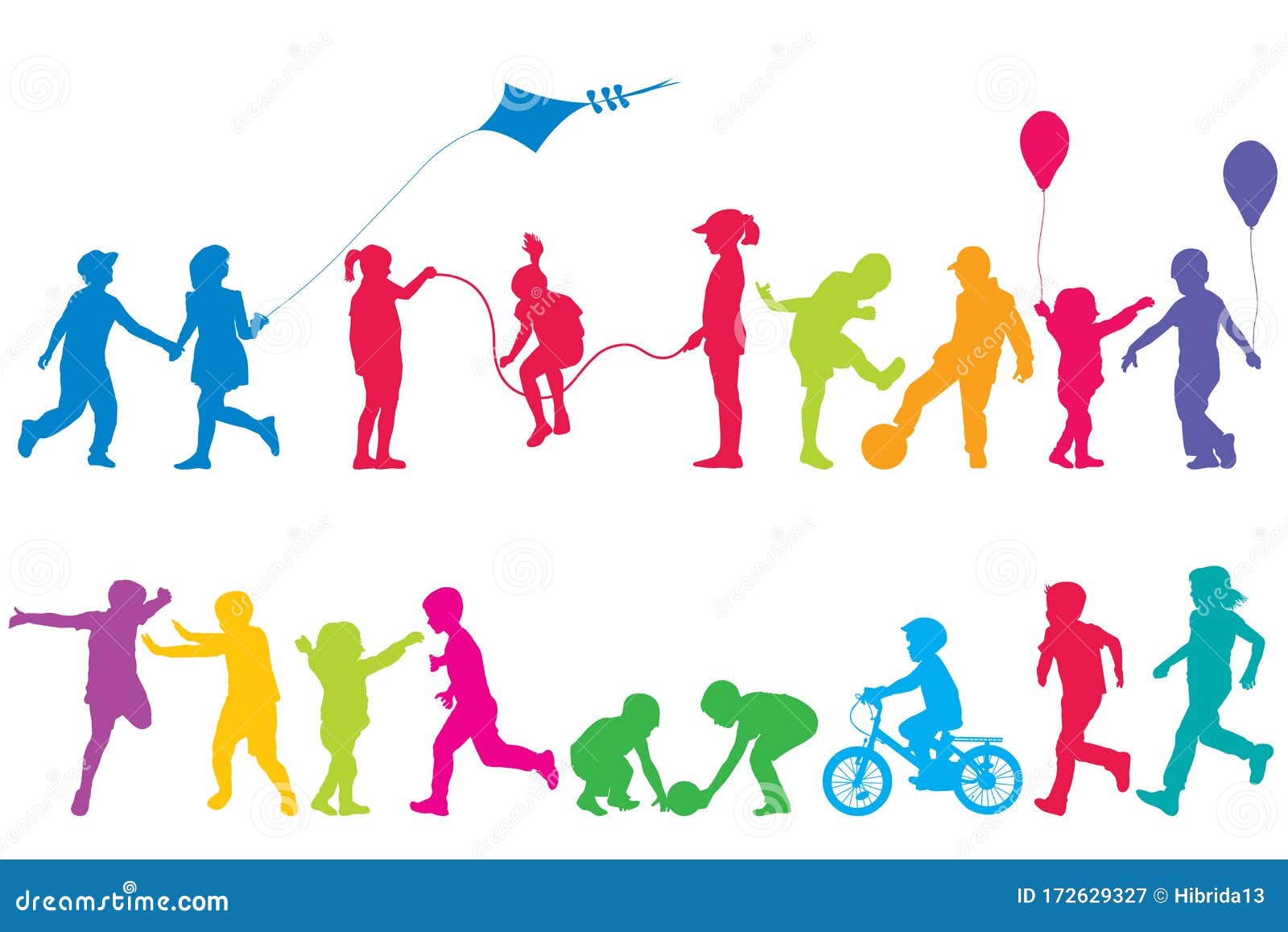 Two Sets of Colored Silhouettes of Children Playing Stock Vector ...