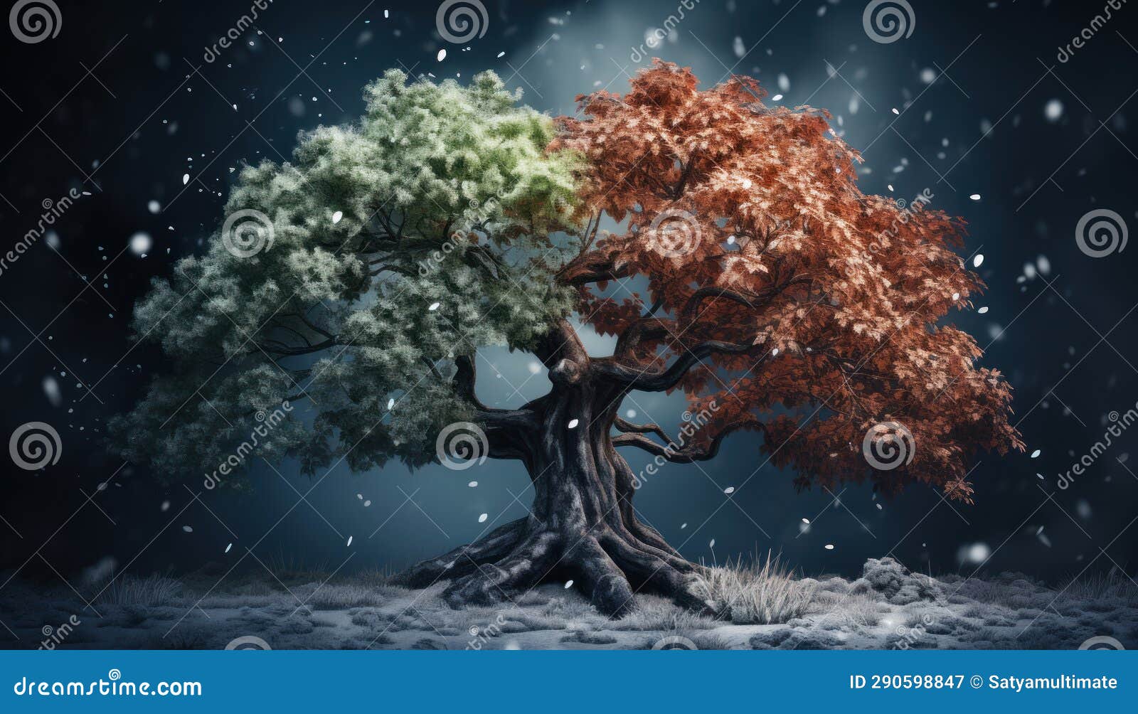 Two Shades of Tree with Snow Fall Generative AI Stock Illustration ...