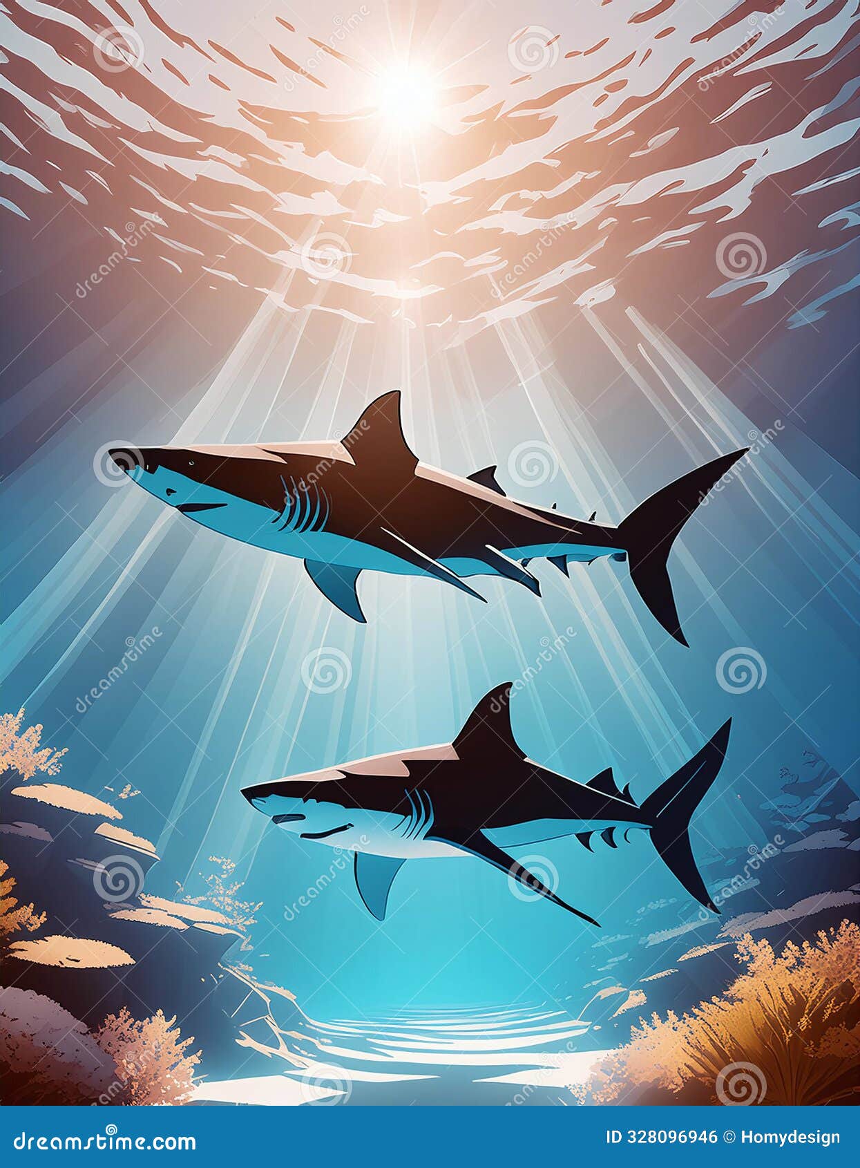 Two Sharks Glide through Sunlit Ocean Depths Stock Illustration ...