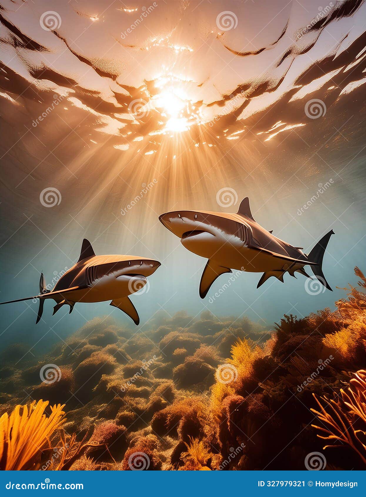 Two Sharks Swim Beneath Sunlit Ocean Surface Royalty-Free Stock Photo ...