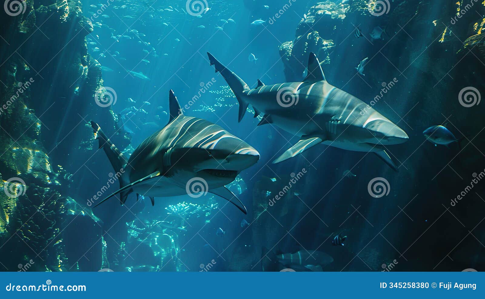 Two Sharks Swim Beneath Sunlit Ocean Surface Royalty-Free Stock Photo ...