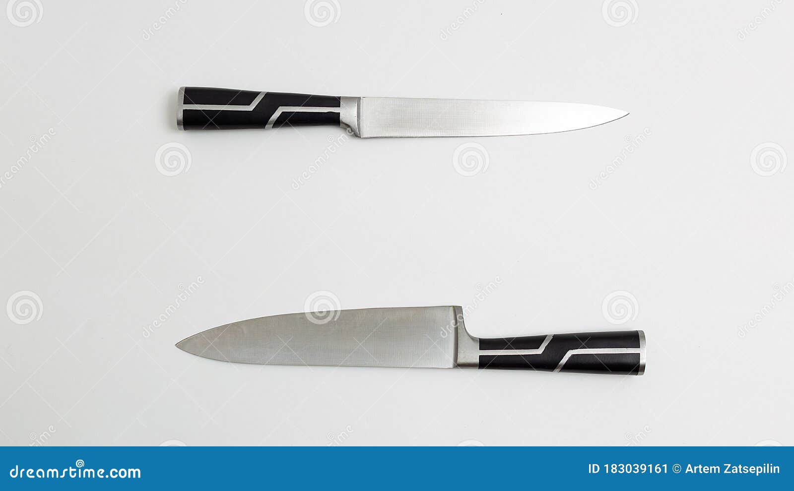 Two Sharp Kitchen Knives with Black Handles. White Background Flatlay ...