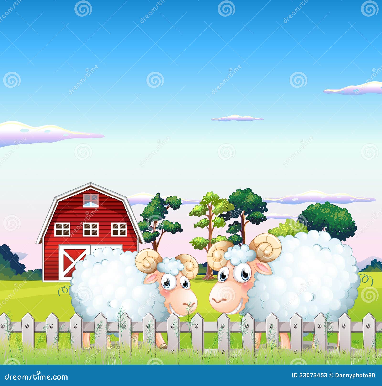 Two Sheeps Inside the Fence with a Barn at the Back Stock Vector ...